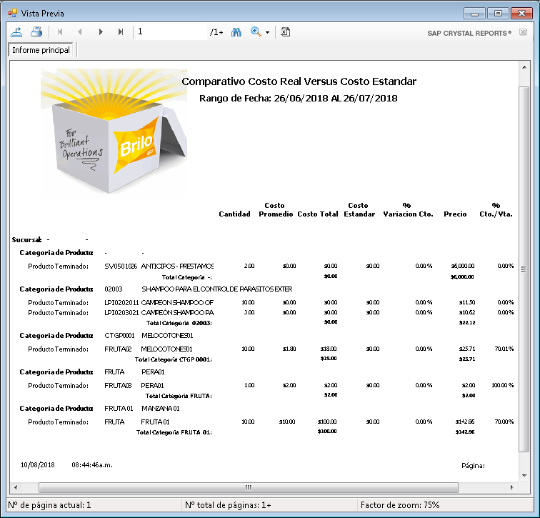Comparativo de Costo Real vrs Costo Estándar - Brilo ERP Docs